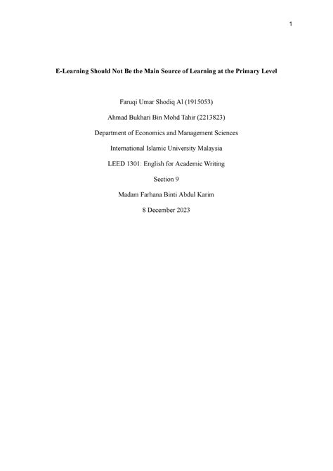 Draft 1 Extended Essay E Learning Should Not Be The Main Source Of