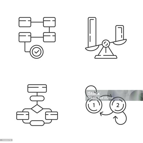 다이어그램 개념 선형 아이콘 집합입니다 활동 비교 흐름 상태 차트 정보 기호 표현 가는 선 윤곽심 격리된 벡터 개요 그림입니다