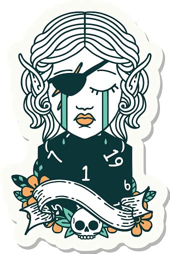 슬픈 엘프 불량 캐릭터 얼굴 자연 하나의 D20 롤 스티커 굴리기에 대한 스톡 벡터 아트 및 기타 이미지 굴리기 꼬마 요정