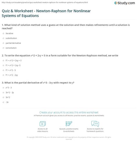 Quiz Worksheet Newton Raphson For Nonlinear Systems Of Equations Study Com