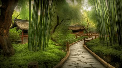 Green Bamboo Forest Landscape Stone Road Chinese Style Building Natural Background Bamboo