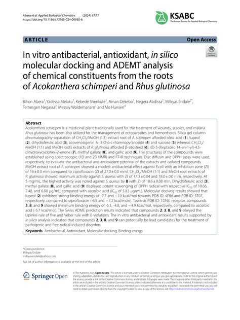 Pdf In Vitro Antibacterial Antioxidant In Silico Molecular Docking And Ademt Analysis Of