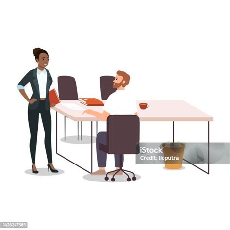 사무실 작업 플랫 벡터 일러스트레이션 회사 직원 커뮤니케이션 동료 만화 캐릭터 통계 및 분석 부서 흰색 배경에 격리된 플랫 벡터 일러스트 레이 션 사무실에 대한 스톡 벡터