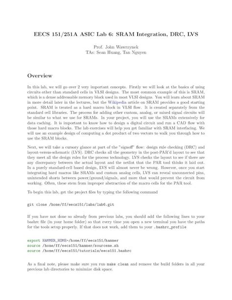 Pdf Eecs 151251a Asic Lab 6 Sram Integration Drc Lvseecs151sp21filesasiceecs 151