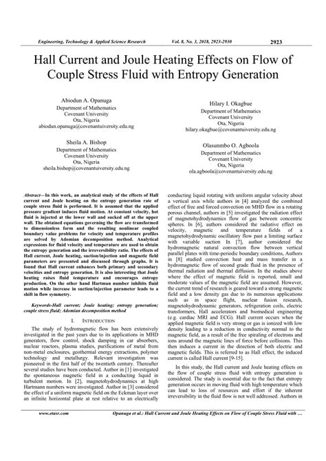 Pdf Hall Current And Joule Heating Effects On Flow Of Couple Stress Fluid With Entropy Generation