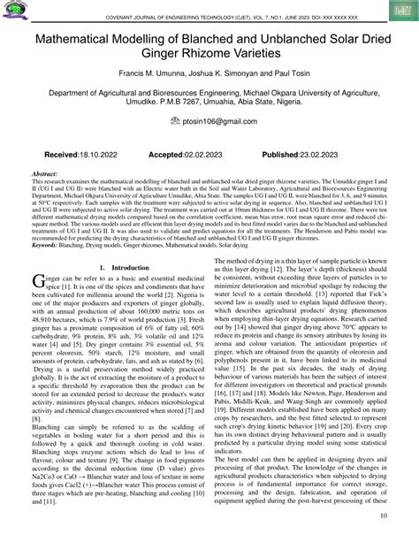 Pdf Mathematical Modelling Of Blanched And Unblanched Solar Dried Ginger Rhizhome Varieties