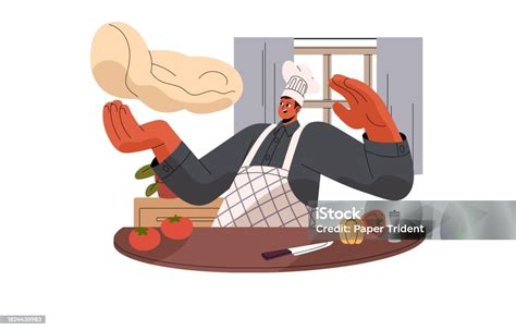 음식을 요리하는 전문 요리사 모자를 쓴 젊은이 앞치마를 두르고 식사를 준비합니다 채식 피자를 요리하는 사람 반죽을 공중에 던지는 사람 이탈리안 레스토랑 요리 흰색에 평평한