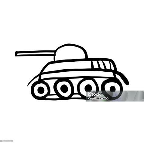 탱크 스케치 아이콘입니다 측면 보기입니다 블랙 윤곽 실루엣 벡터 플랫 그래픽 손 그린 그림 흰색 배경의 격리된 개체입니다 격리