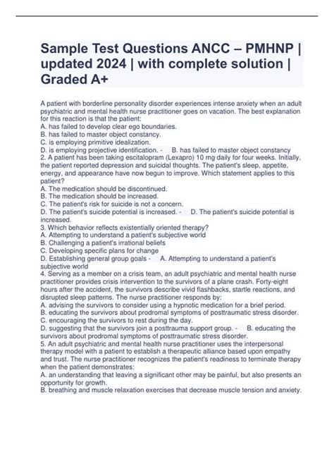 Sample Test Questions Ancc Pmhnp Updated 2024 With Complete Solution Graded A Ancc