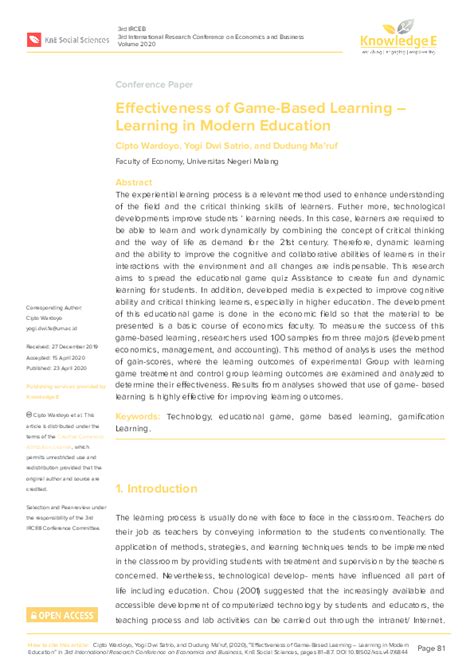 Pdf Effectiveness Of Game Based Learning Learning In Modern Education