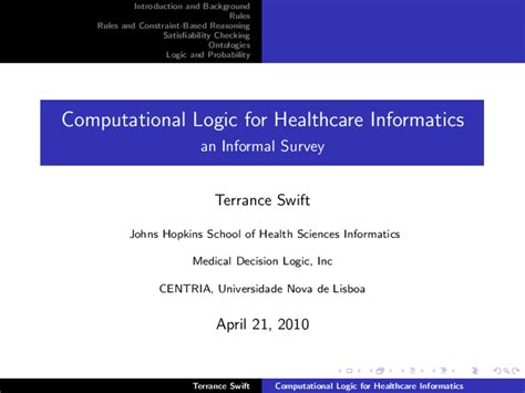 Logic In Healthcare Informatics Rules Constraints Ontologies Probability Lecture Notes Logic In Healthcare Informatics Rules Constraints Ontologies Probability Lecture Notes