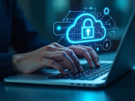 Hands Typing On Laptop With Glowing Cloud Security Lock And Digital