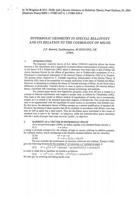 Pdf Hyperbolic Geometry In Special Relativity And Its Relation To The Cosmology Of Milne