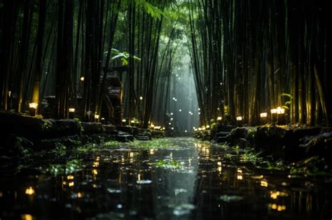 Premium Ai Image Serene Bamboo Forest With Fireflies Generative Ai