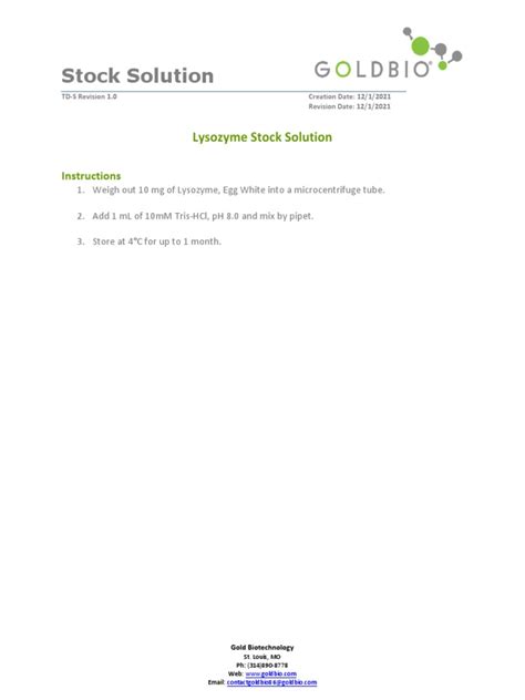Lysozyme Stock Solution Pdf
