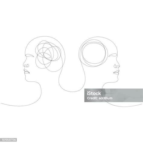반대 생각을 가진 두 인간의 머리 생각의 혼돈과 질서의 개념 한 줄의 연속 선형 도면의 벡터 그림 평온에 대한 스톡 벡터 아트 및 기타 이미지 Istock