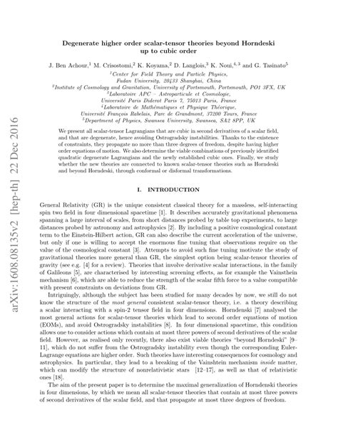 Pdf Degenerate Higher Order Scalar Tensor Theories Beyond Horndeski Up To Cubic Order