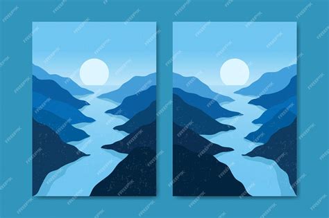 세기 현대 풍경 중반 두 추상 미학 세트 현대 Boho 포스터 템플릿 프리미엄 벡터