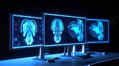 Mri 연구실은 3d 렌더링된 뇌 엑스레이의 컴퓨터 디스플레이를 선보입니다 매력적인 배경 연구실 배경 의료 실험실 배경 컴퓨터 기술 배경 이미지 Hd 연구실