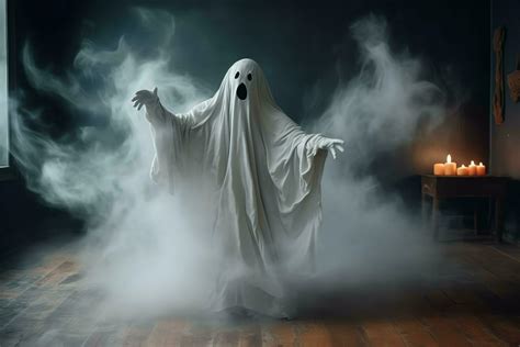 Human In Spooky Ghosts Costume Flying Inside The Old House At Night Spooky Halloween Background