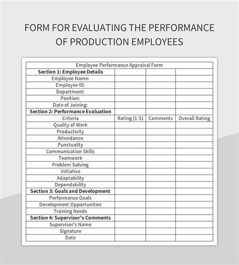 Form For Evaluating The Performance Of Production Employees Excel