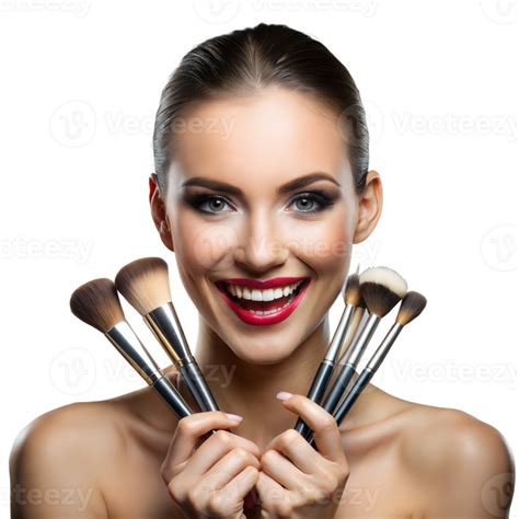 Beautiful Woman Holding Makeup Brushes On A Clear Background 44245269 Png