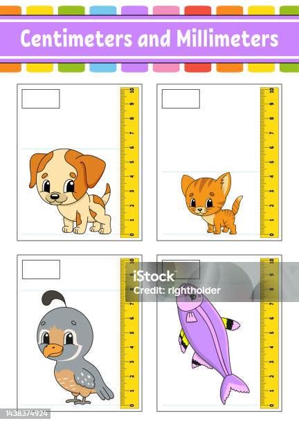 센티미터 및 밀리미터의 길이를 측정합니다 워크시트를 개발하는 교육 아이들을위한 게임 색상 활동 페이지입니다 아이들을위한 퍼즐 귀여운 캐릭터 벡터 그림입니다 만화 스타일 0