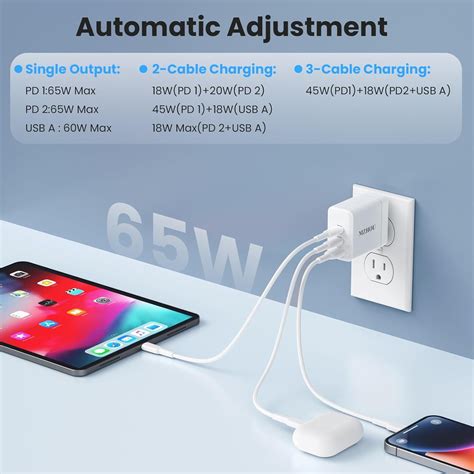 Trahoo Usb 3 0 65w Fast Charger Plug 3 Port With 2m Fast Charger Cable Usb A Usb C Foldable