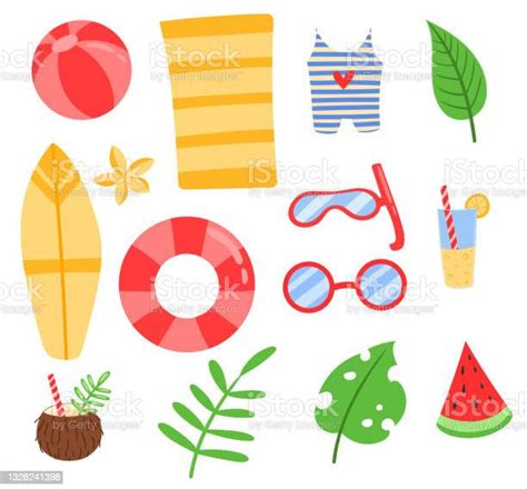 플랫 벡터 낙서 귀여운 만화 여름 열대 세트 비치 볼 수건 수영 반지 서핑 보드 코코넛 선글라스 서핑 마스크 수박 칵테일 수영복 수박에 대한 스톡 벡터 아트 및 기타 이미지