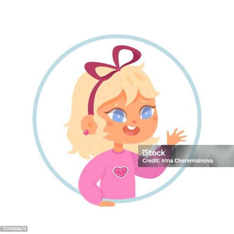 웃고 인사하는 소녀의 아바타 자식 얼굴 문자 아이콘입니다 다채로운 만화 재미있는 평면 벡터 그림은 흰색 배경에 분리되어 있습니다 친구들에게 인사하는 금발 아이 3차원 형태에
