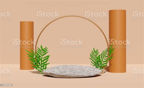 야자수 잎이 있는 3d 스톤 큐브 무대 연단 추상적인 기하학적 화장품 쇼케이스 받침대 베이지색 배경 최소한의 현대 장면 3d 렌더링 일러스트레이션 0명에 대한 스톡 사진 및