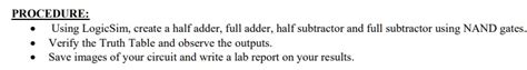 solved procedure using logicsim create a half adder full adder