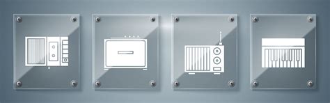 음악 신디사이저 안테나가 있는 라디오 기타 앰프 및 음악 테이프 플레이어를 설정합니다 정사각형 유리 패널 벡터 Mp3 플레이어에 대한 스톡 벡터 아트 및 기타 이미지