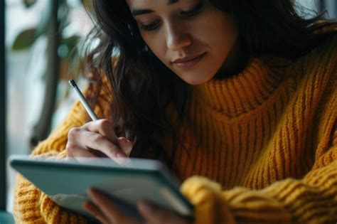 Premium Photo Close Up Of Woman Using Graphics Tablet And Stylus