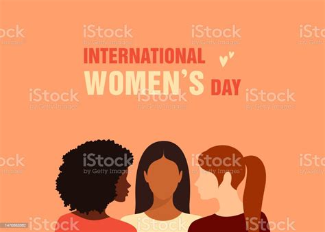 국적이 다른 세 명의 여성이 함께 서 있습니다 세계 여성의 날 여성의 우정과 여성의 권리를위한 운동의 개념 평면 벡터 그림 International Womens Day에