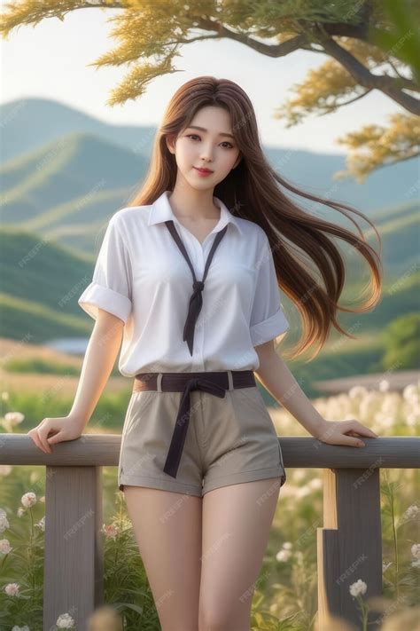 Premium Photo A Beautiful Korean Girl In White Shirt And Shorts On