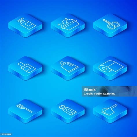 세트 라인 칫솔 세정제 용 병 치약 튜브 화장지 롤 손톱 가위 샴푸 및 세척 파우더 아이콘 벡터 3차원 형태에 대한 스톡 벡터 아트 및 기타 이미지 Istock