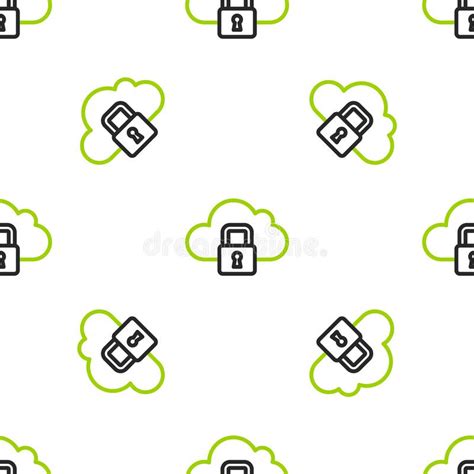 Line Cloud Computing Lock Icon Isolated Seamless Pattern On White Background Security Safety