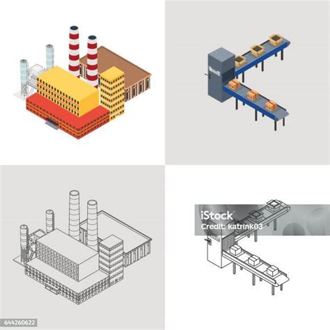 벡터 일러스트 레이 션 공장 건물 사무실 건물 및 생산 공장 및 박스 자동 포장 컨베이어 라인 화려한 아이콘 및 윤곽선 설정