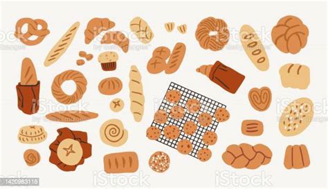 다양한 베이커리 제품 빵 및 패스트리 벡터 손으로 그린 그림입니다 모든 요소가 격리됩니다 음식에 대한 스톡 벡터 아트 및 기타 이미지 Istock