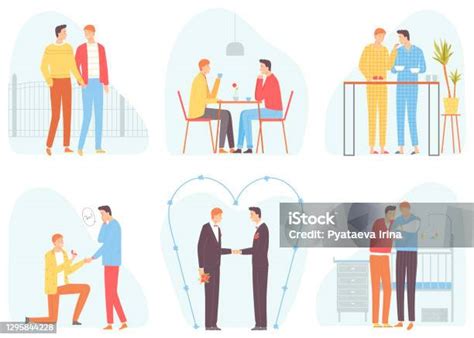 게이 커플 세트 흰색 배경에 고립 된 남자의 행복한 낭만적 인 부부 손으로 그린 플랫 스타일로 벡터 일러스트 동성 커플에 대한 스톡 벡터 아트 및 기타 이미지 Istock