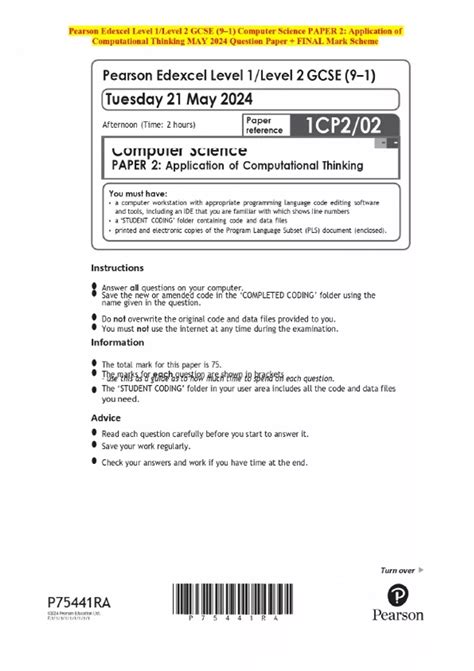 Pearson Edexcel Level 1 Level 2 GCSE 91 Computer Science PAPER 2