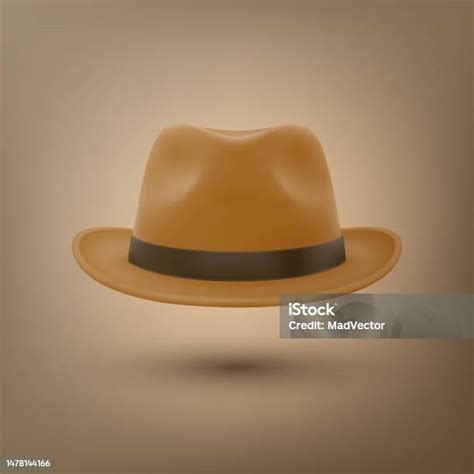 벡터 3d 현실적인 브라운 빈티지 클래식 신사 모자 모자 아이콘 근접 촬영 정면도 망 남녀 공용 모자 디자인 서식 파일입니다 벡터 일러스트 레이 션 0명에 대한 스톡 벡터