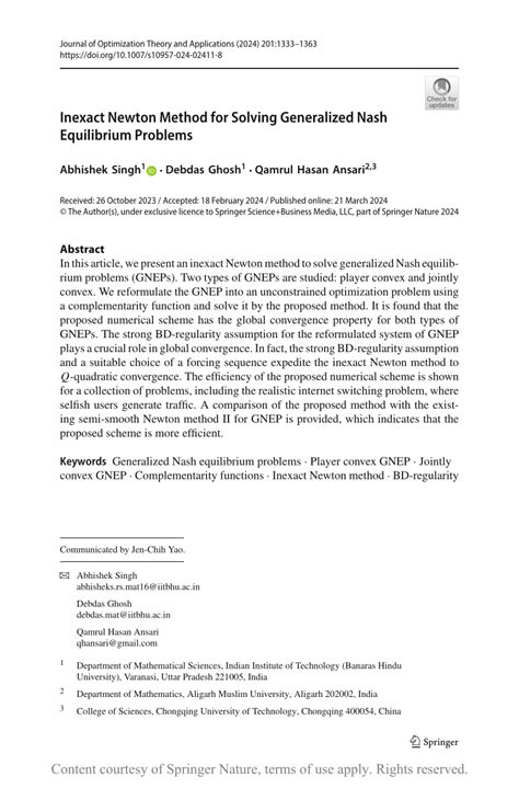 inexact newton method for solving generalized nash equilibrium problems request pdf