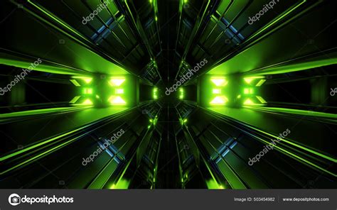 Dark Black Space Tunnel Green Glowing Artefact Rendering Background