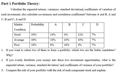 part 1 portfolio theory calculate the expected