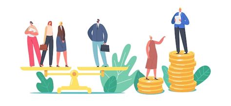 성 차별과 성 불평등 및 불균형 개념 남성과 여성 캐릭터는 저울 사업가 및 사업가 불평등한 급여 페미니즘에 서 있습니다 만화 사람들 벡터 일러스트 레이 션 프리미엄 벡터