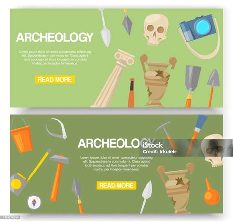 배너 벡터 일러스트레이션의 고고학 세트 고고학 도구 고대 유물 웹 사이트 디자인 두개골 장갑 브러시 망치 및 양동이와 같은 발굴을위한 용품 및 도구 0명에 대한 스톡 벡터