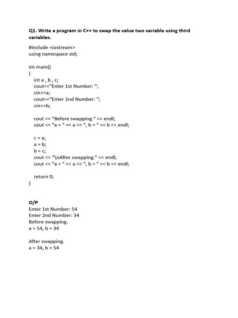 Q1 Write A Program In C To Swap The Value Two Variable Using Third