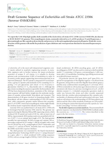 Pdf Draft Genome Sequence Of Escherichia Coli Strain Atcc 23506 Serovar O10 K5 H4